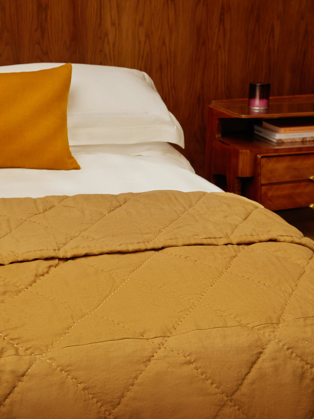 Yellow Hand-Embroidered Linen Quilt (79in/2m) by Tuck It In | ABASK