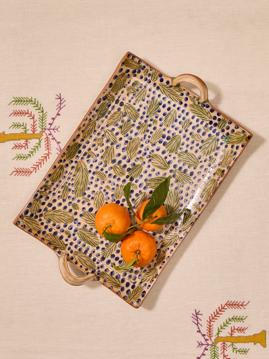 Multiple Leaves Hand-Painted Ceramic Tray (14in/36cm) by Anut Cairo | ABASK