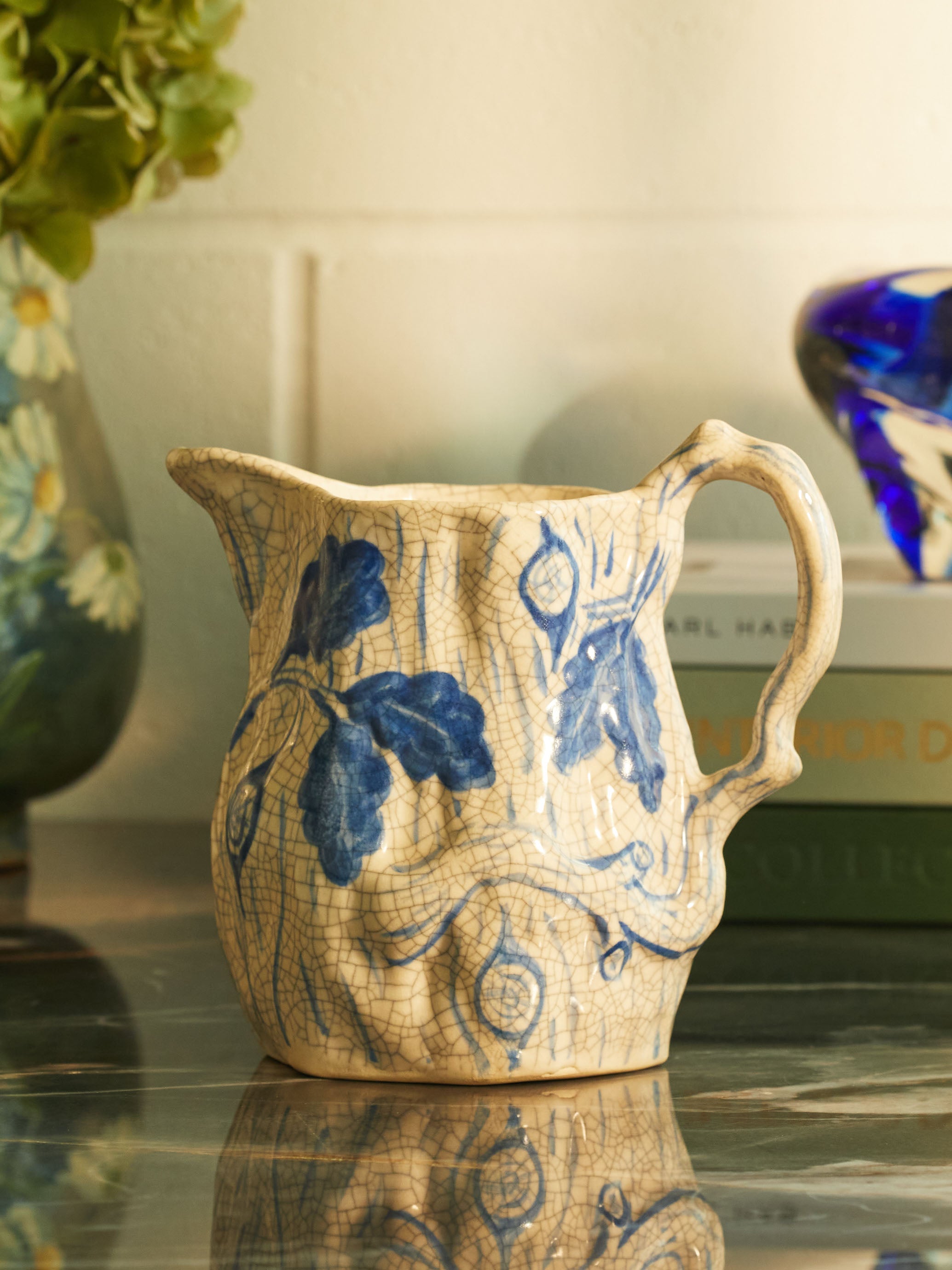 Blue 1931 Dedham Pottery Oak Block Pitcher by Antique and Vintage | ABASK