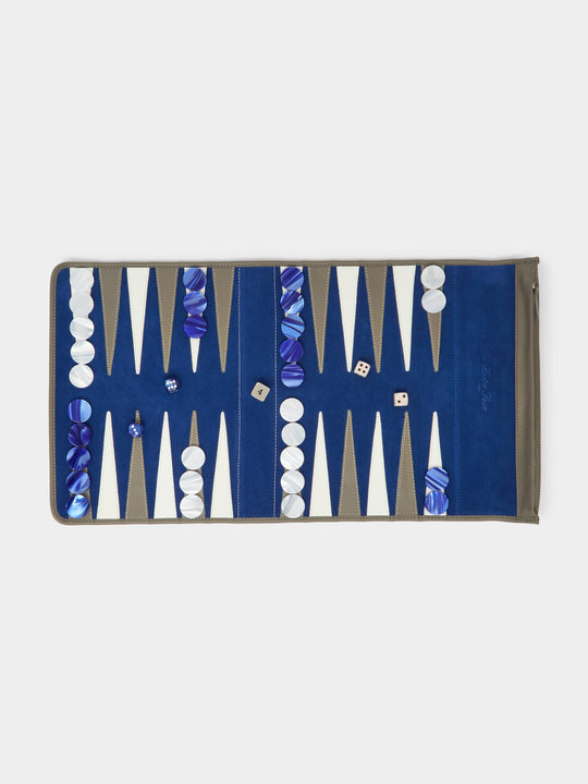 Blue Wood and Leather Backgammon Set by Nick Plant | ABASK UK
