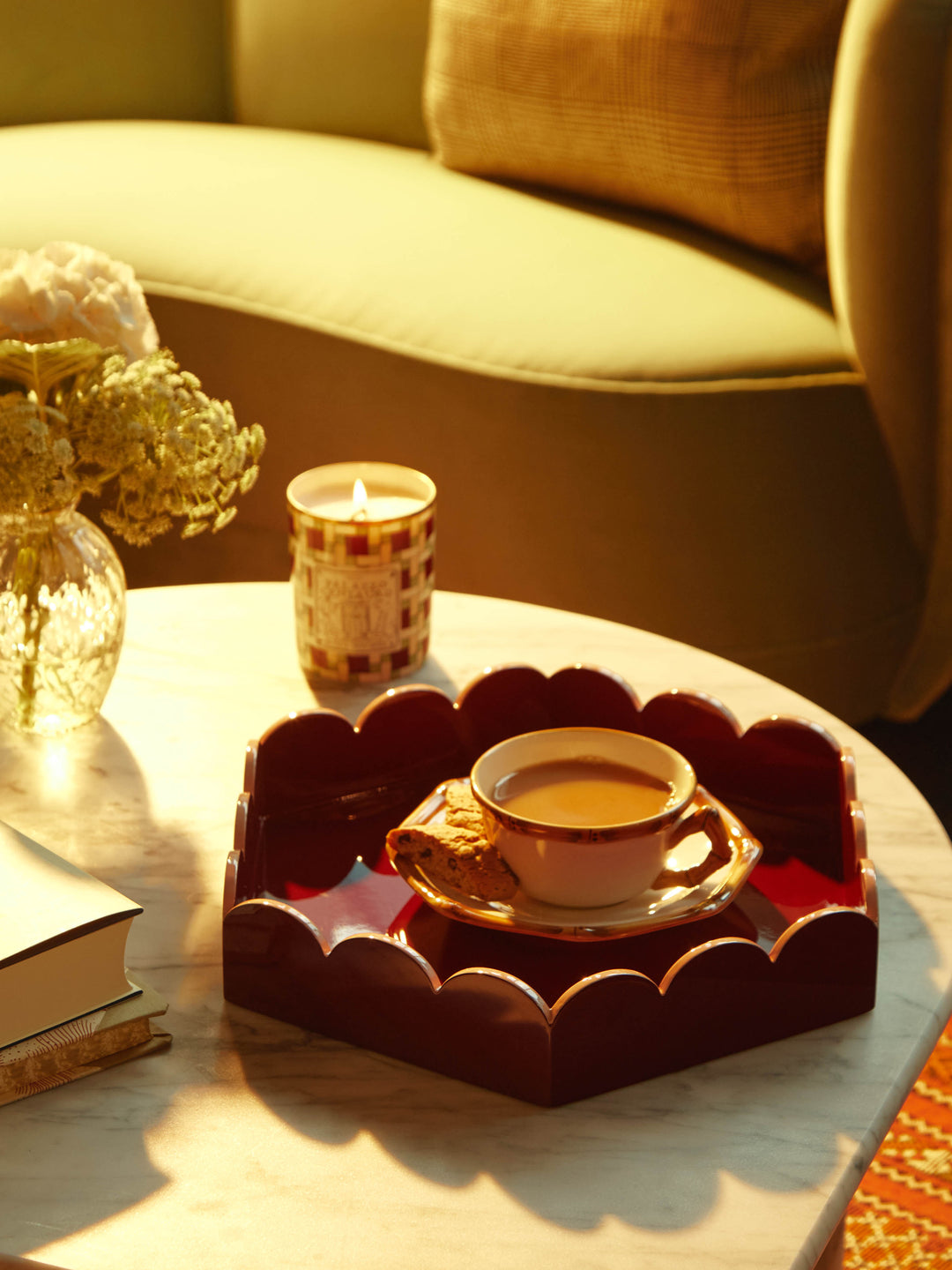 Red Lacquered Wood Large Scalloped Tray by Scarlett And Sallis | ABASK UK