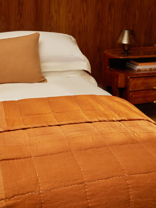 Mustard Yellow Hand-Embroidered Linen Quilt by Tuck It In | ABASK US