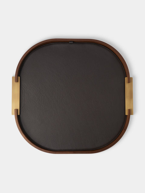 Brown Dama Walnut and Leather Round Tray (25in/64cm) by Riviere | ABASK