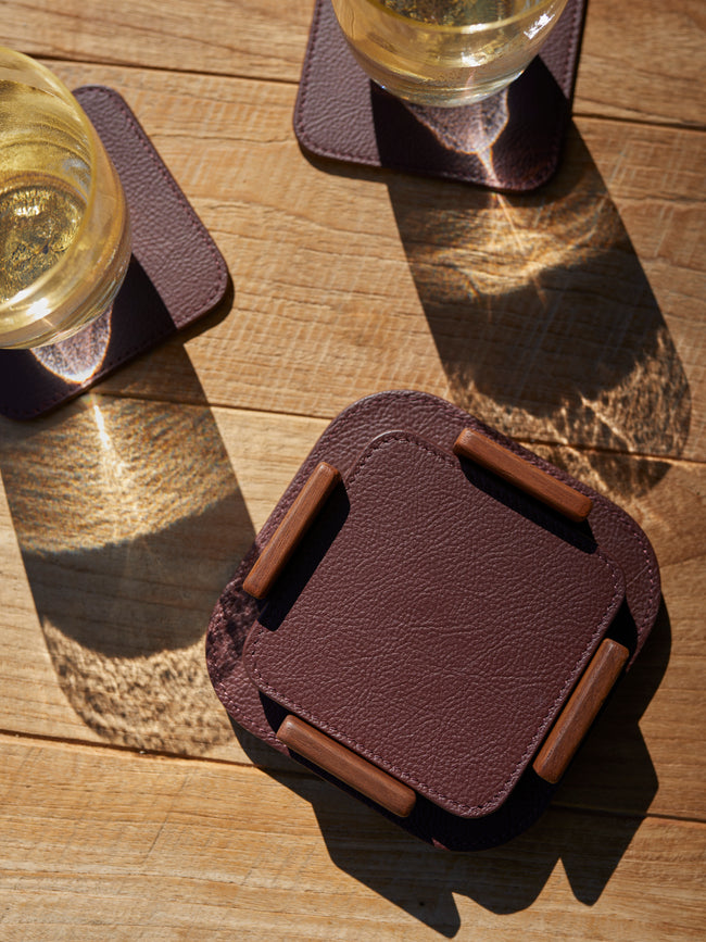 Blue Leather and Walnut Coasters with Holder (Set of 6) by Giobagnara x ...