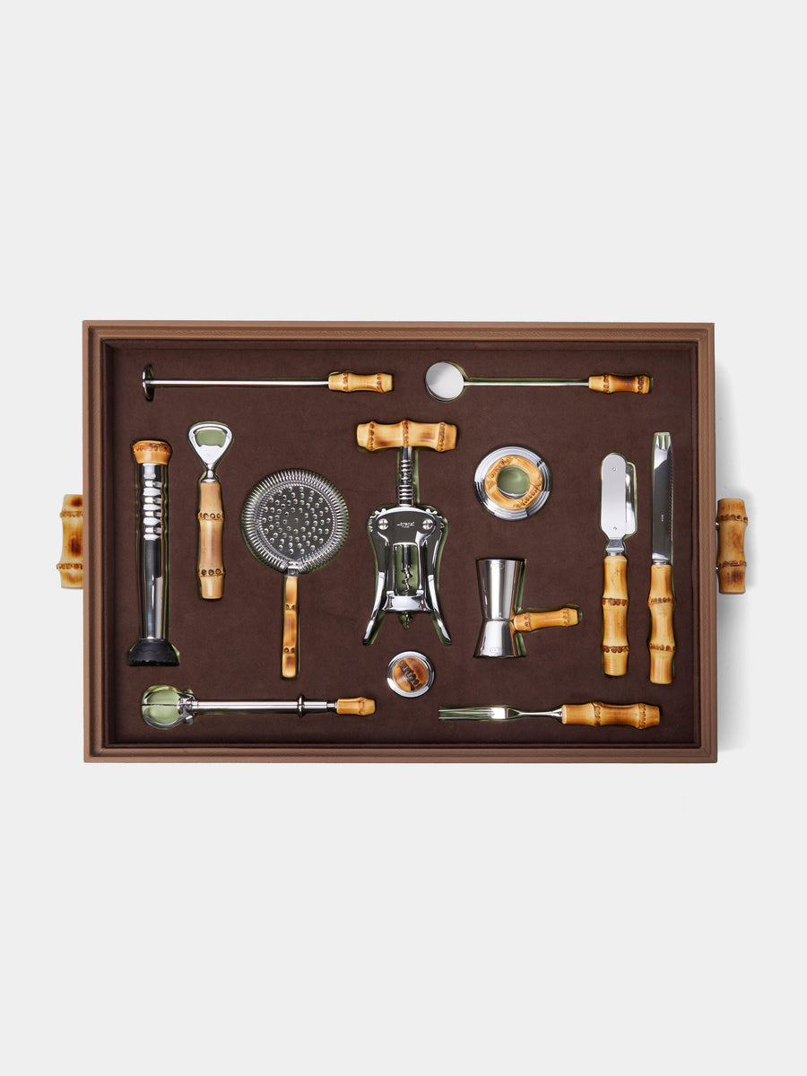 Brown Bamboo and Leather Bar Set by Lorenzi Milano | ABASK